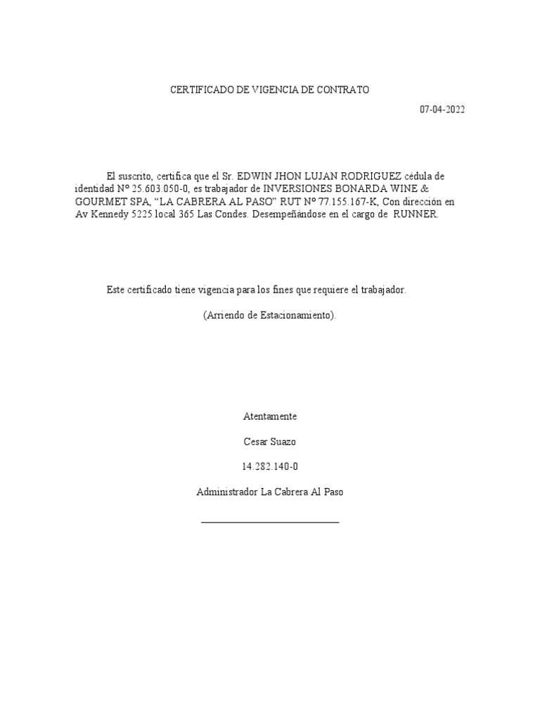 Certificado de Vigencia de Contrato | PDF