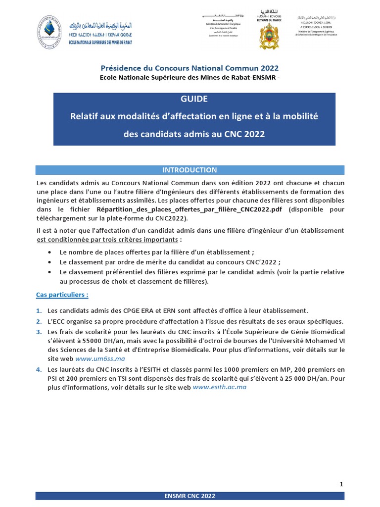 Guide Relatif Aux Modalités D'affectation en Ligne Et À La Mobilité Des Candidats Admis Au CNC ...
