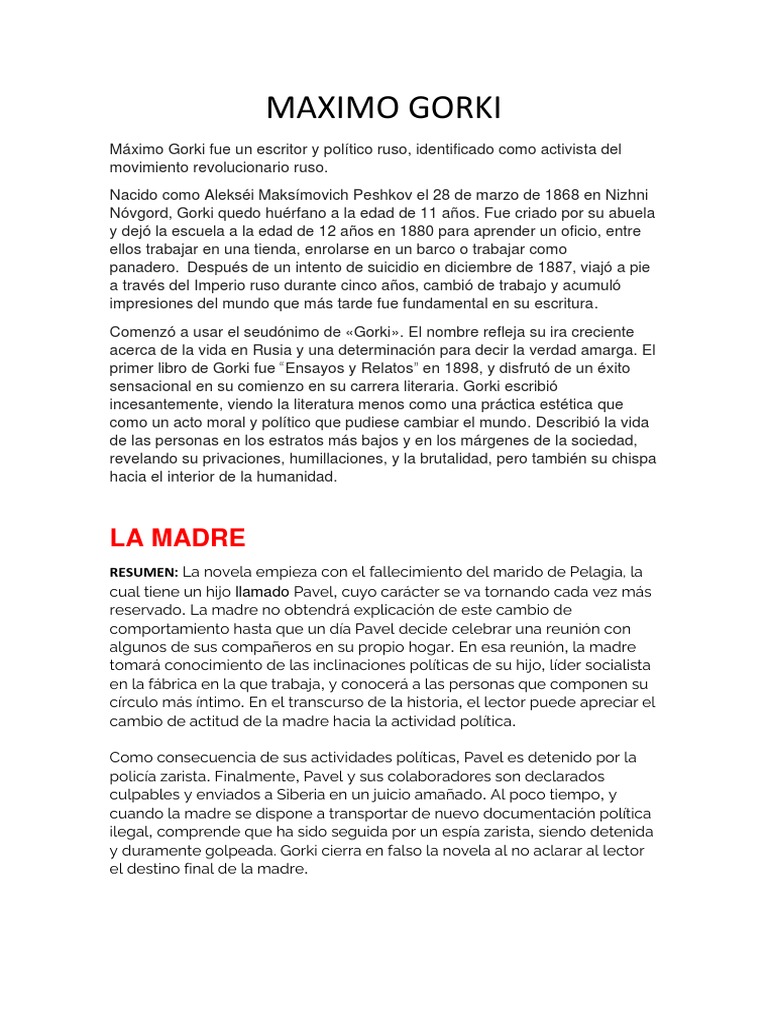 La Madre - Maximo Gorki - Biografia y Resumen | PDF