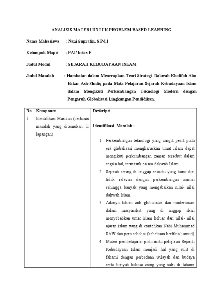 ANALISIS MATERI UNTUK PROBLEM BASED LEARNING Modul SKI Nani | PDF | Ilmu Sosial | Agama ...