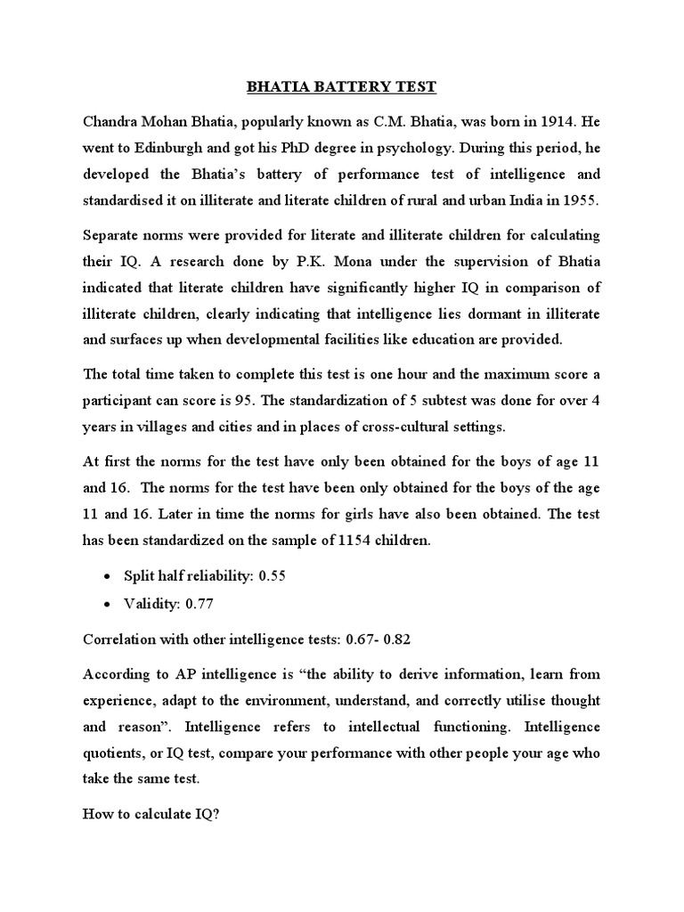 Bhatia Battery Test | PDF | Intelligence Quotient | Intelligence
