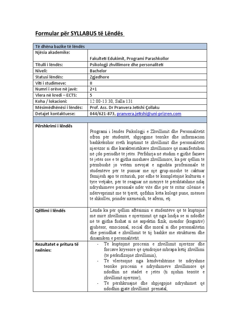 Psikologji e Zhvillimit Dhe Perosnaliteti Parashkollor | PDF