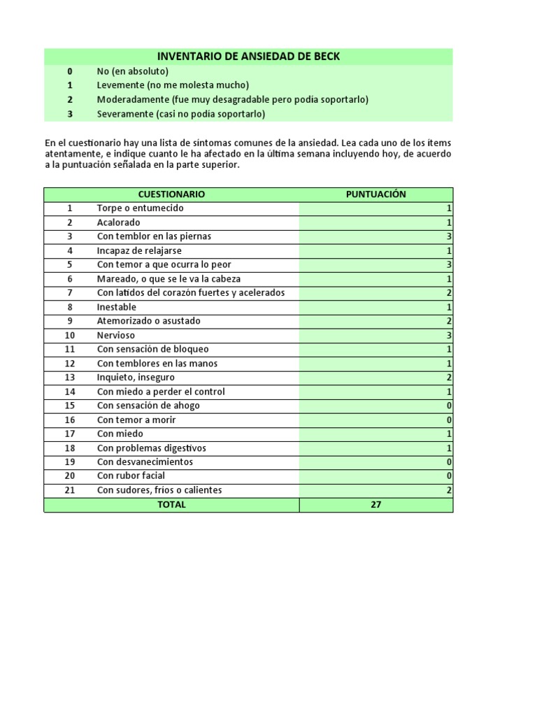 Inventario de Ansiedad de Beck | PDF | Ansiedad | Ciencias del ...