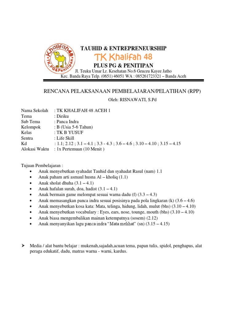RPH TK Kurikulum Merdeka Tema Diriku | PDF