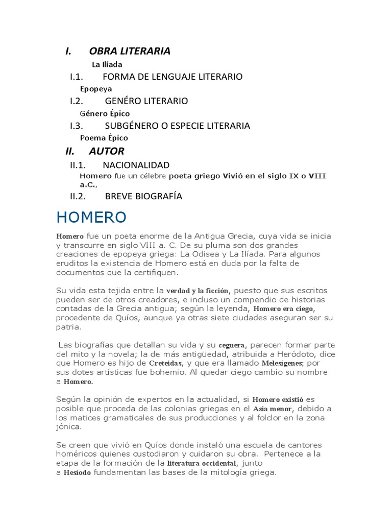 Análisis detallado de la obra épica La Ilíada de Homero | PDF | Homero ...