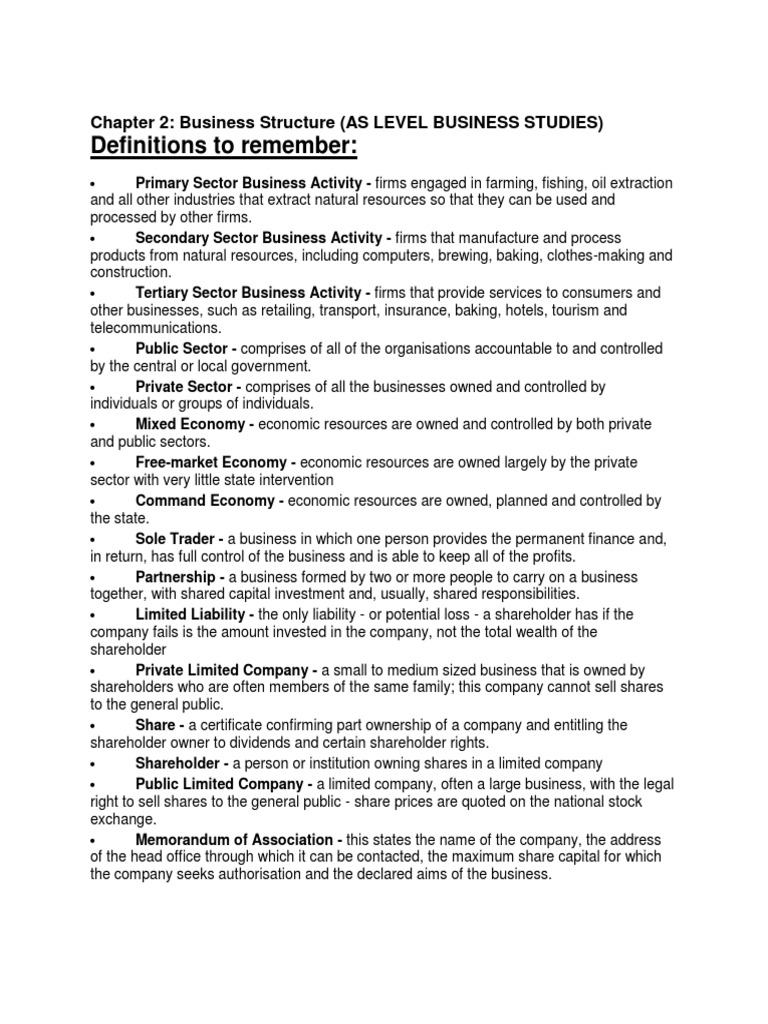 Busiess Structure Notes 2 AS Level | PDF | Stocks | Business