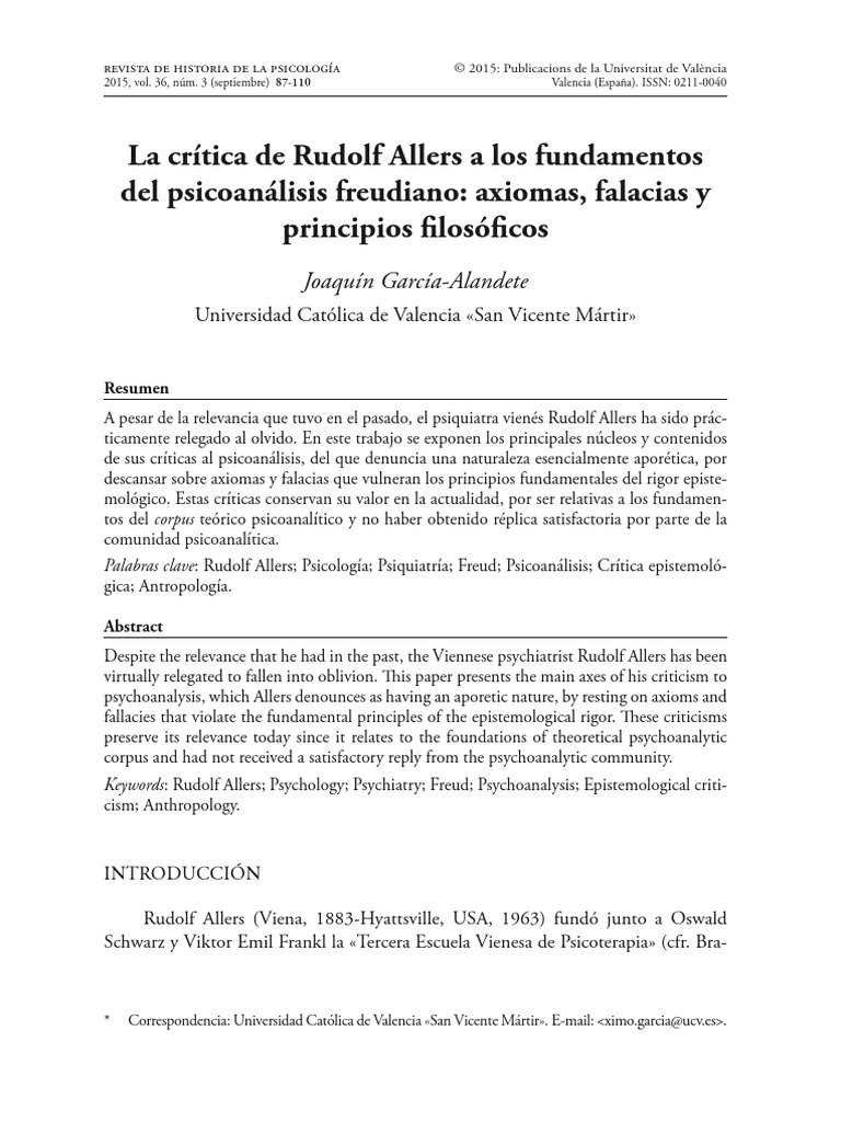 La Critica de Rudolf Allers A Los Fundam | PDF | Mente | Psicoanálisis