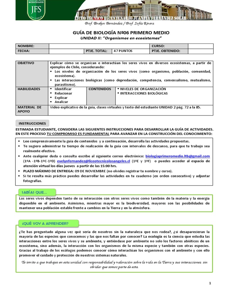 GUÍA DE BIOLOGÍA Nº06 PRIMERO MEDIO UNIDAD II - Organismos en Ecosistemas | PDF | Ecología ...