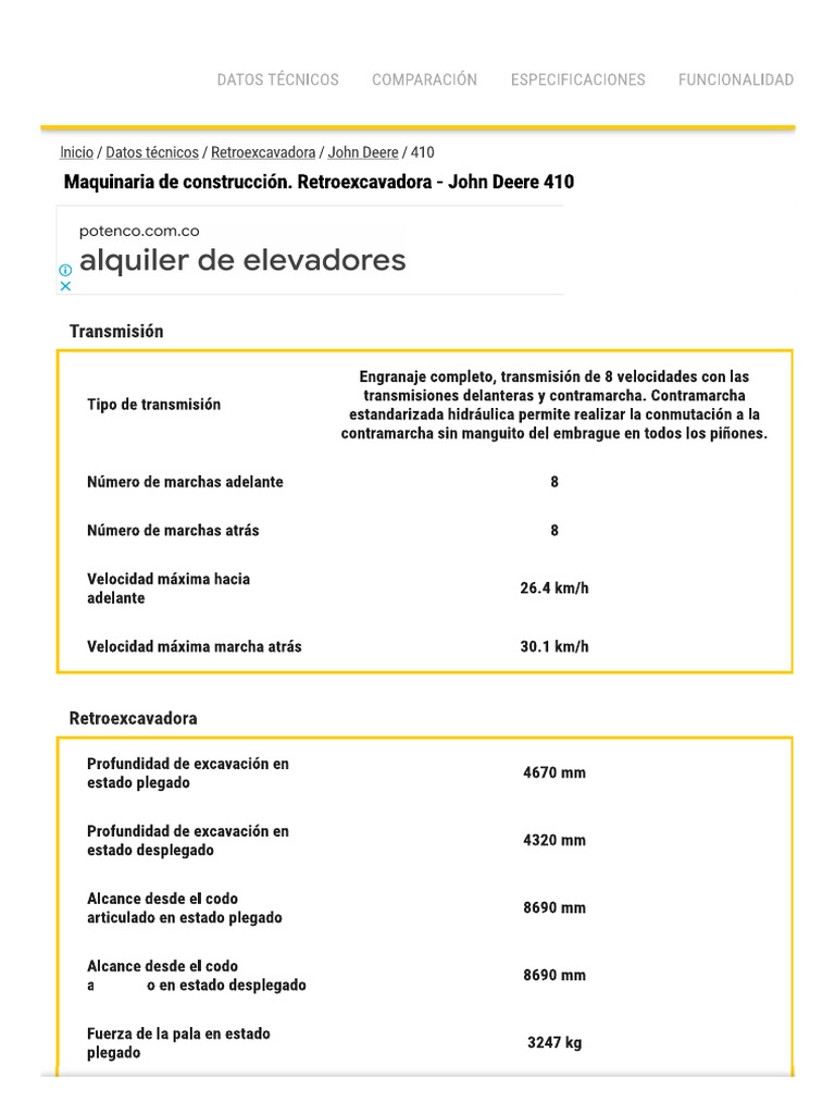 Ficha Técnica de John Deere 410. Retroexcavadora. | PDF