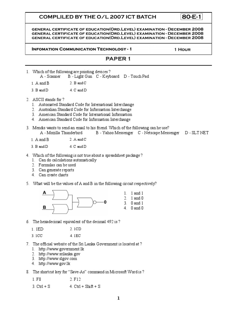 OL 2008 - ICT Model Paper - Part 1 | PDF | Hertz | Computer Network