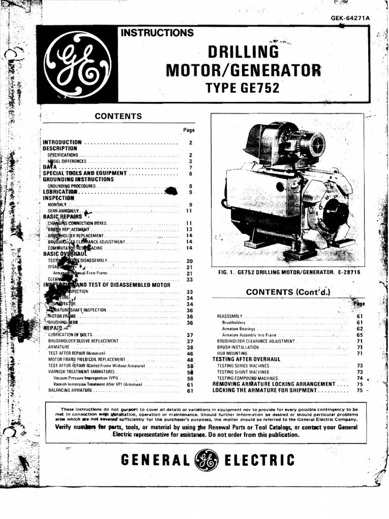 Pag.1-10 GE INSTRUCTIONS DRILLING MOTOR-GENERATOR TYPE GE752 | PDF ...