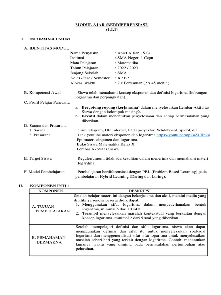 MODUL AJAR Eksponen Dan Logaritma (Berdiferensiasi) Dekon Modul 2.1 ...