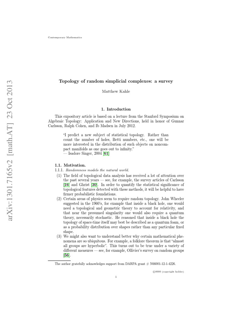 Topology of Random Simplicial Complexes: A Survey: Matthew Kahle | PDF | Topology | Mathematics