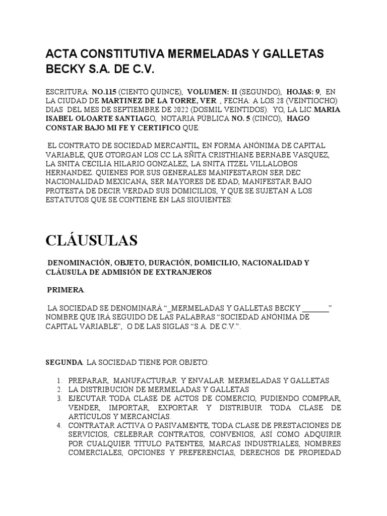 Ejemplo de Acta Constitutiva de Sociedad Anonima de Capital Variable | PDF | Sociedad de ...