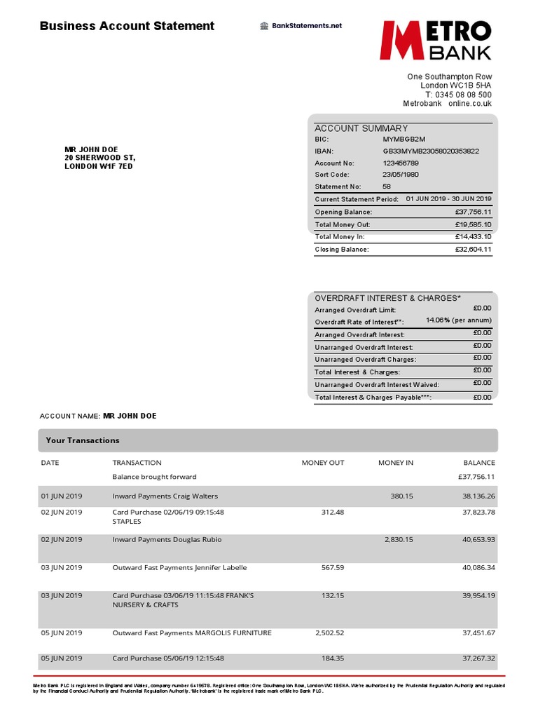 Business Account Statement: MR John Doe 20 Sherwood ST, London W1F 7ed ...