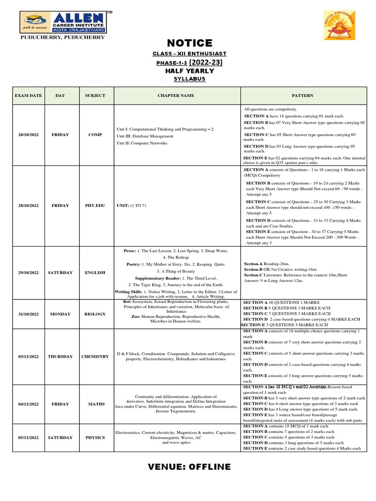 Updated - Notice - Xii-Enthusiast - Half Yearly | PDF | Electrical ...
