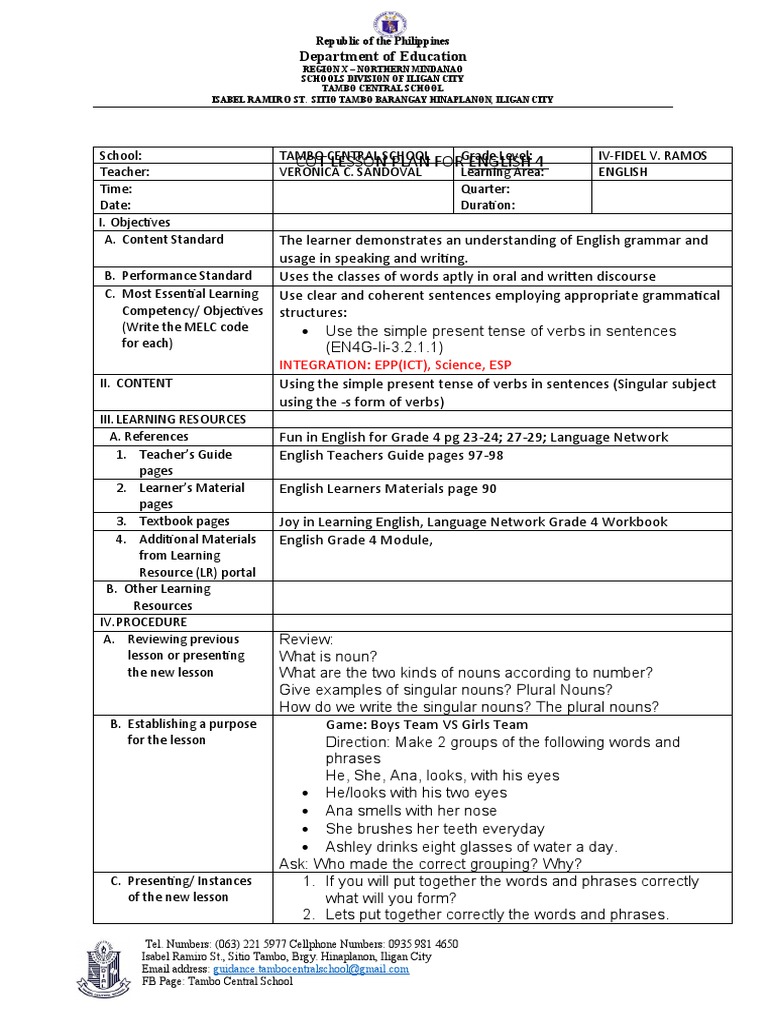 COT-Lesson-Plan-Venei Sandoval | PDF | English Language | Grammatical ...