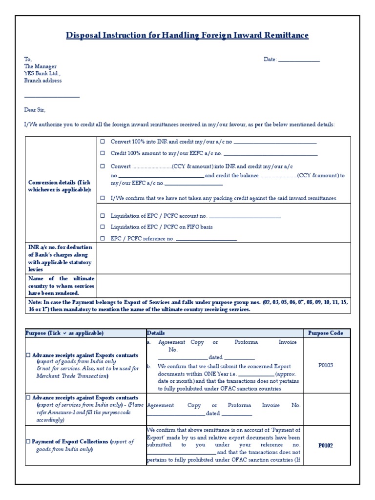 Disposal Instructions for the Processing of Foreign Inward Remittances ...