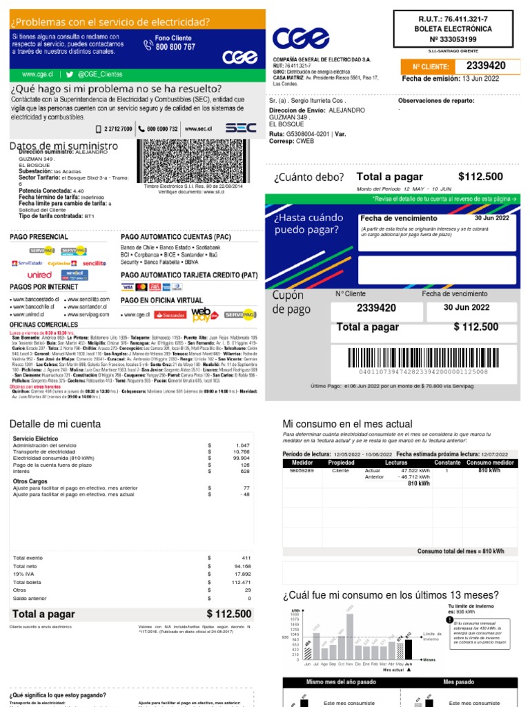 Detalle de Boleta de Luz CGE 2022 | PDF | Ingenieria Eléctrica ...