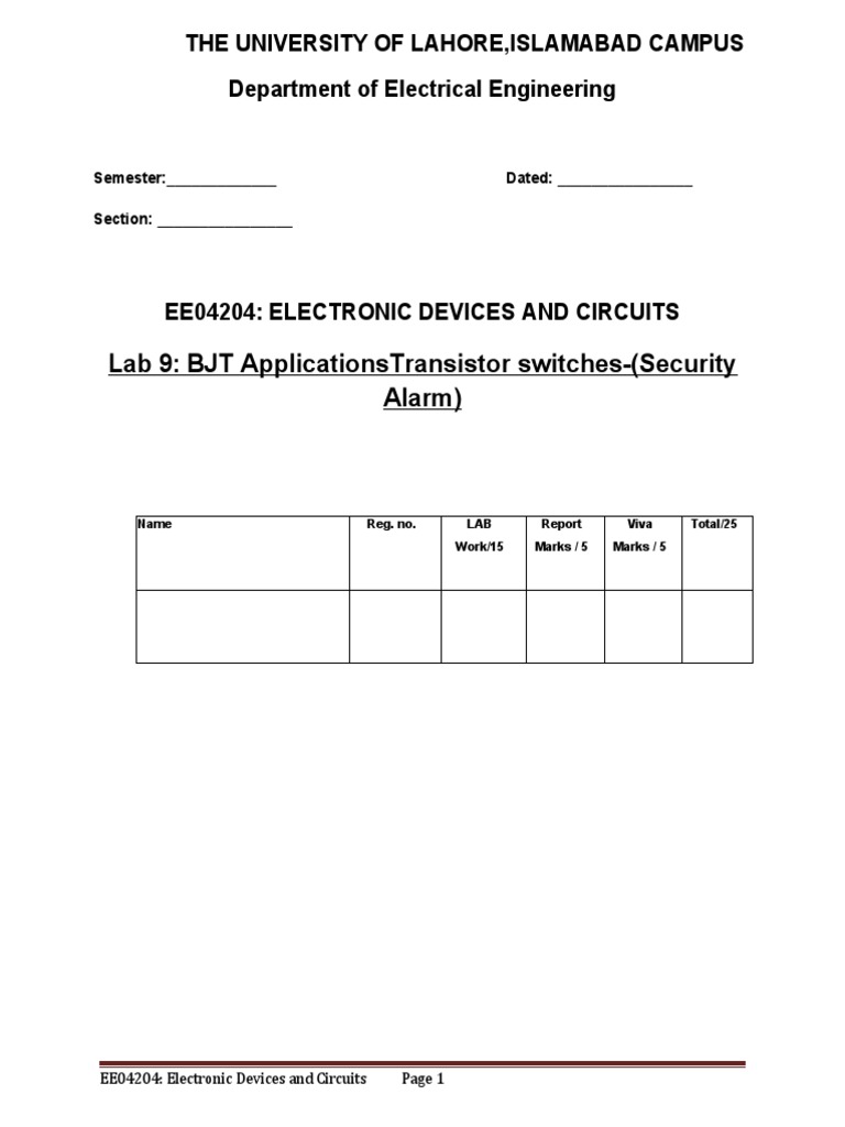 EDC Lab No.9 (BJT ApplicationsTransistor Switches-Security Alarm) | PDF ...
