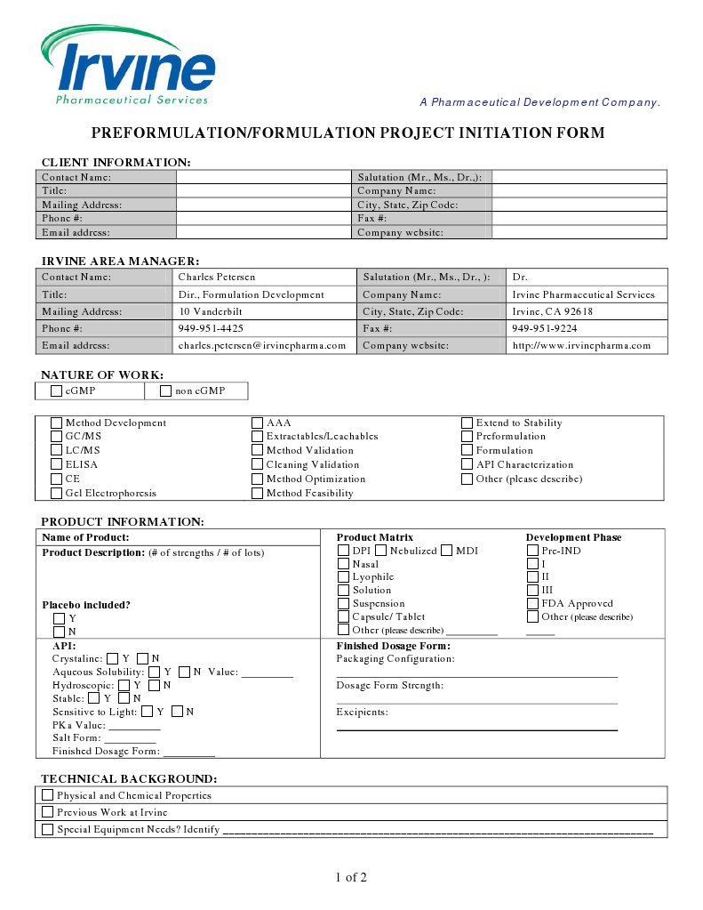 Preformulation/Formulation Project Initiation Form: Client Information ...