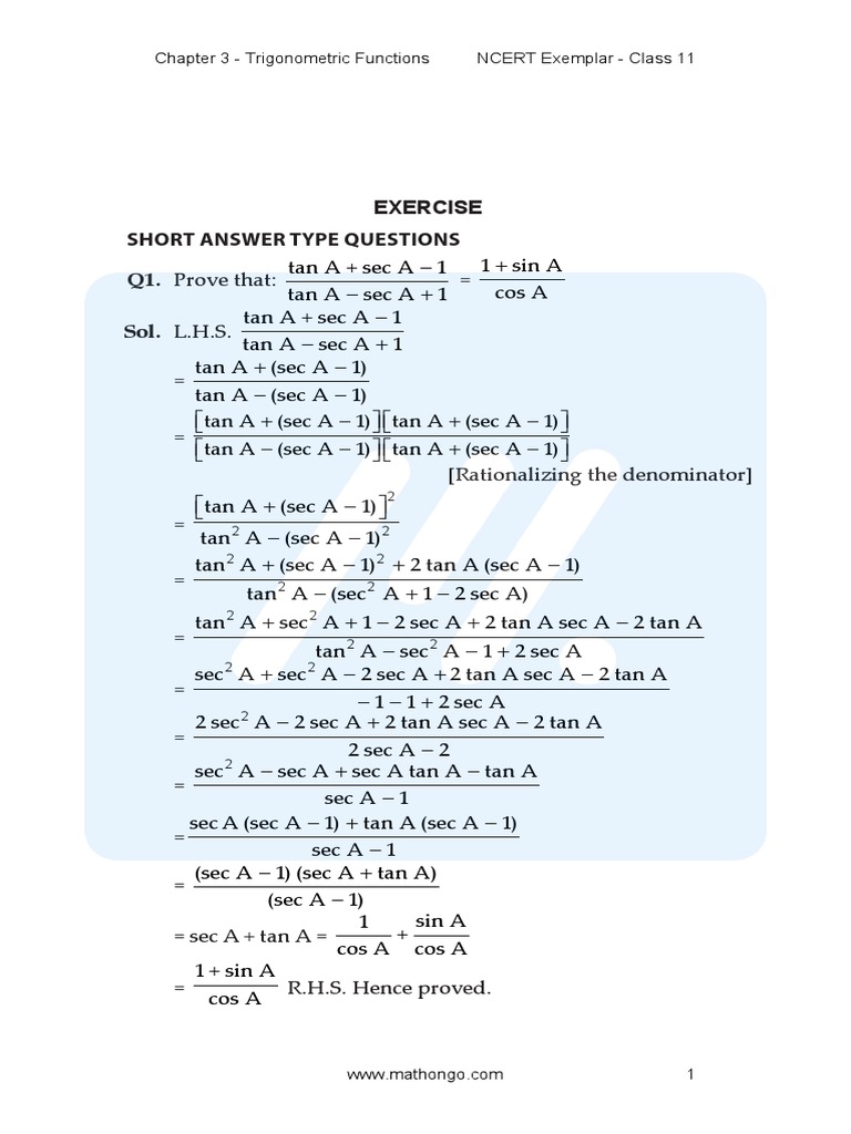 Short Answer Type Questions Q1. Prove That: Sol. L.H.S. Exercise | PDF ...