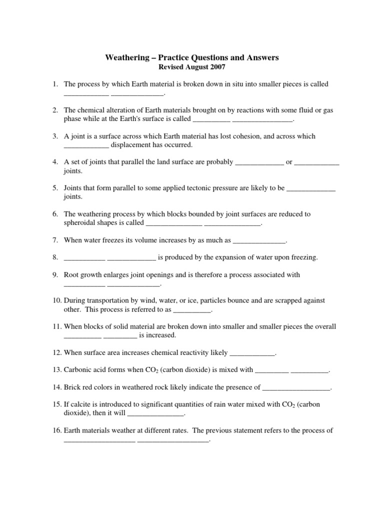 Weathering - Practice Questions and Answers: Revised August 2007 | PDF ...