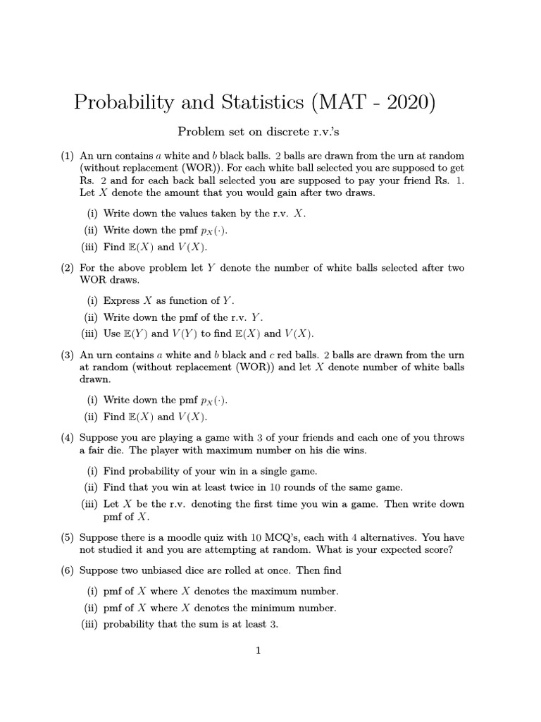 Probability and Statistics Problem Set on Discrete Random Variables ... Probability and Statistics Problem Set on Discrete Random Variables ...