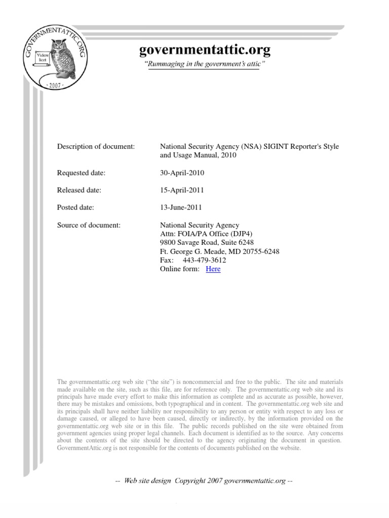 NSA SIGINT Style Manual 2010 | PDF