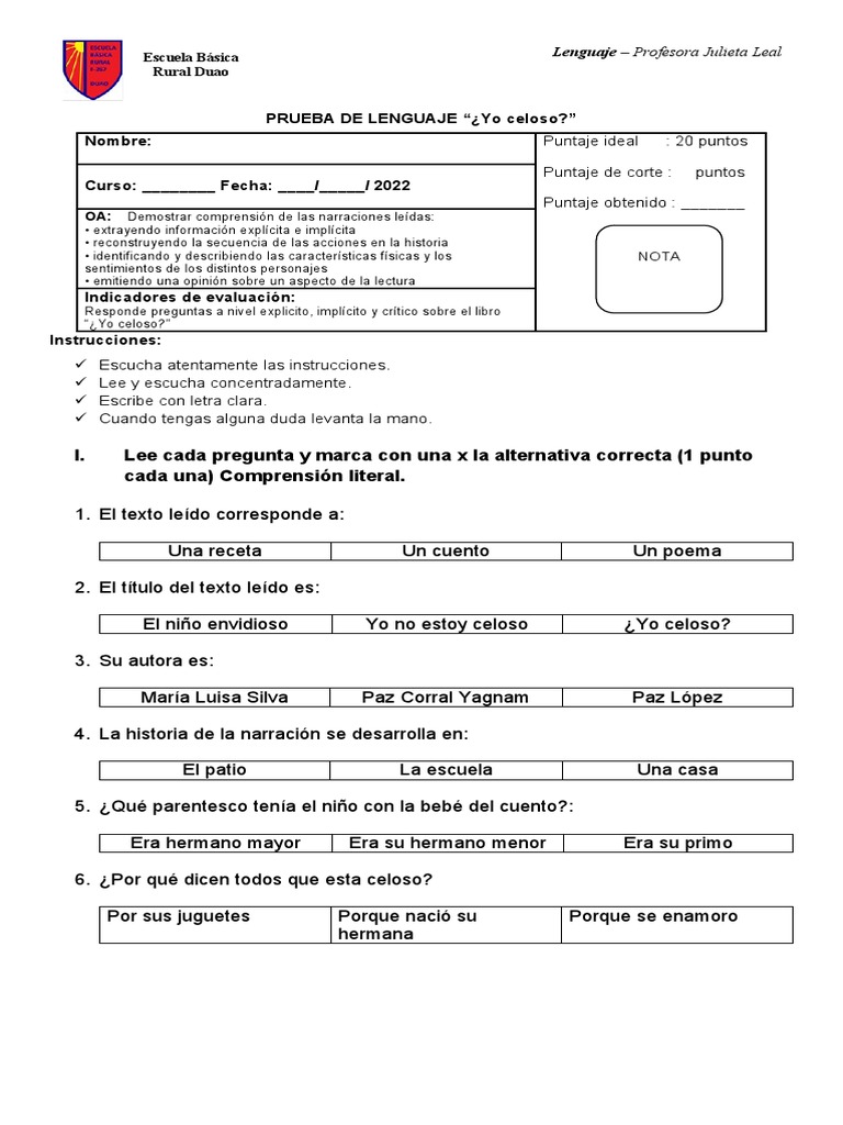 PRUEBA DE LENGUAJE 2° ¿Yo Celoso | PDF