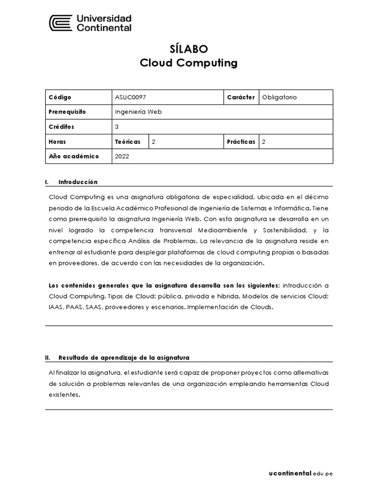 Sílabo Cloud Computing | PDF | Computación en la nube | Evaluación