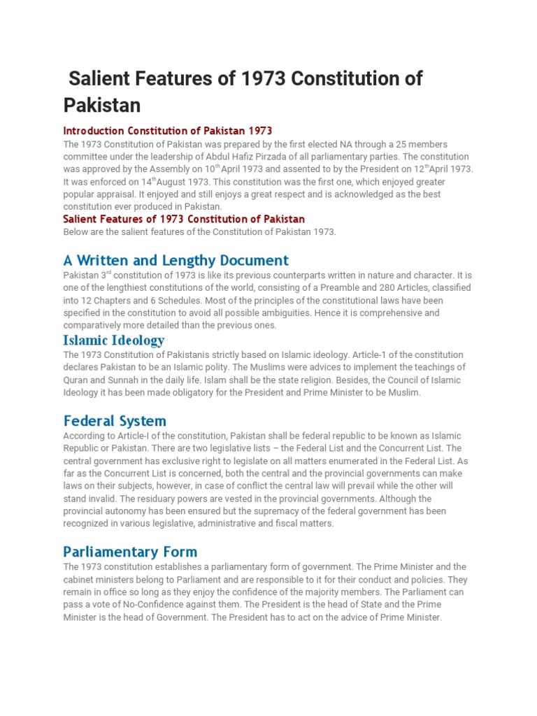 Sailent Features of 1973 Constitution of Pakistan | PDF