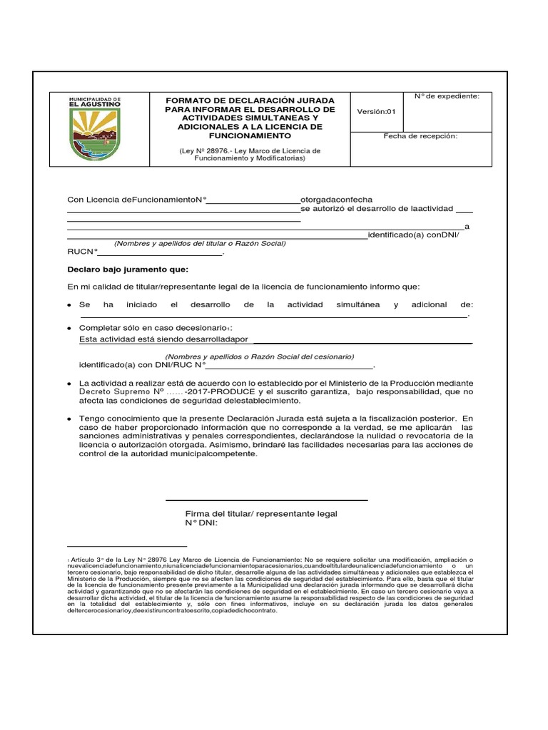 Formato de Declaracion Jurada para Informar El Desarrollo de ... Formato de Declaracion Jurada para Informar El Desarrollo de ...