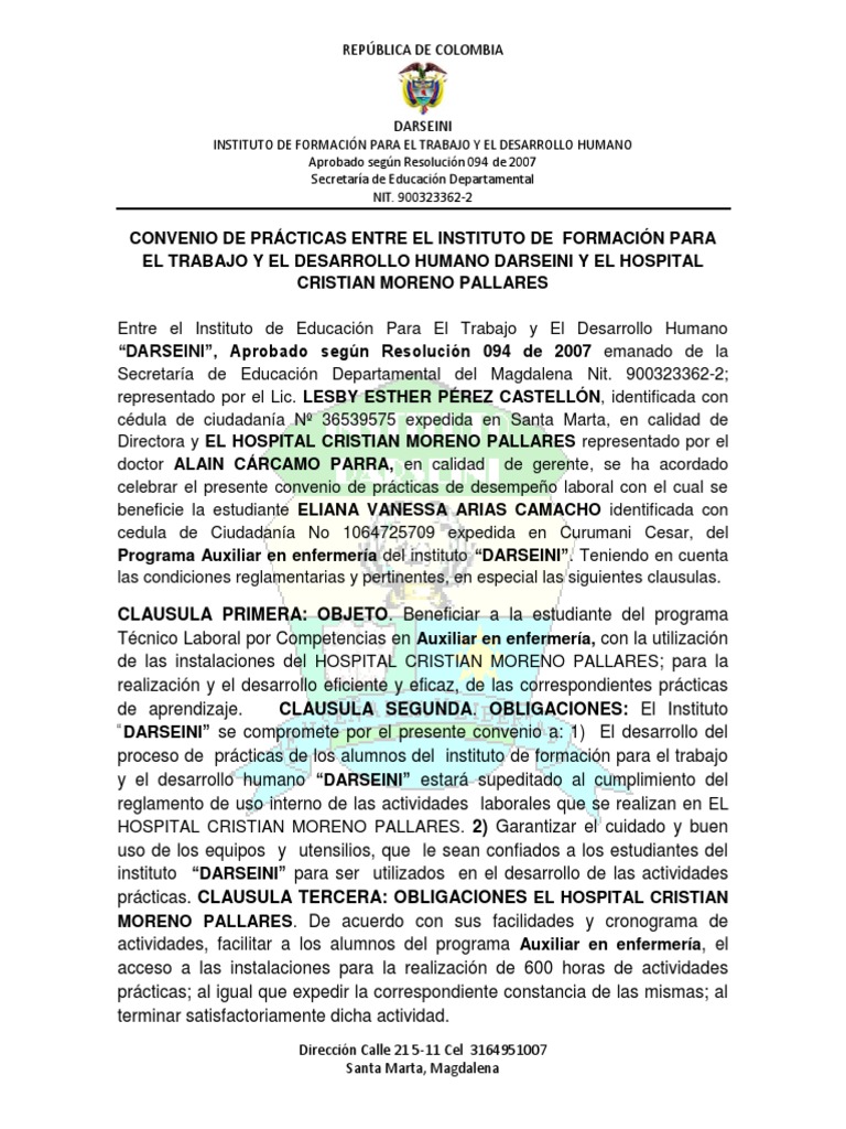 Convenio de Practicas Eliana Vanessa | PDF