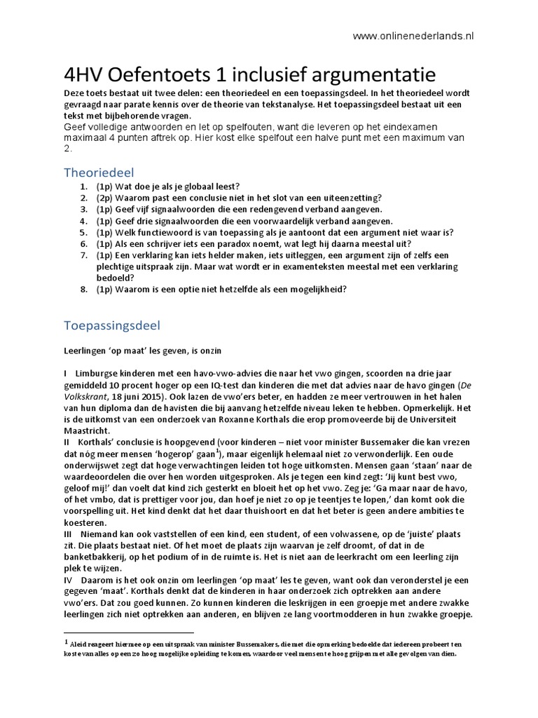 4HV Oefentoets 1 Inclusief Argumentatie | PDF