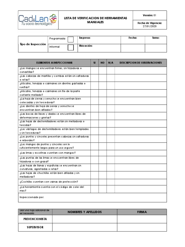 Checklist de Inspección de Herramientas Manuales | PDF