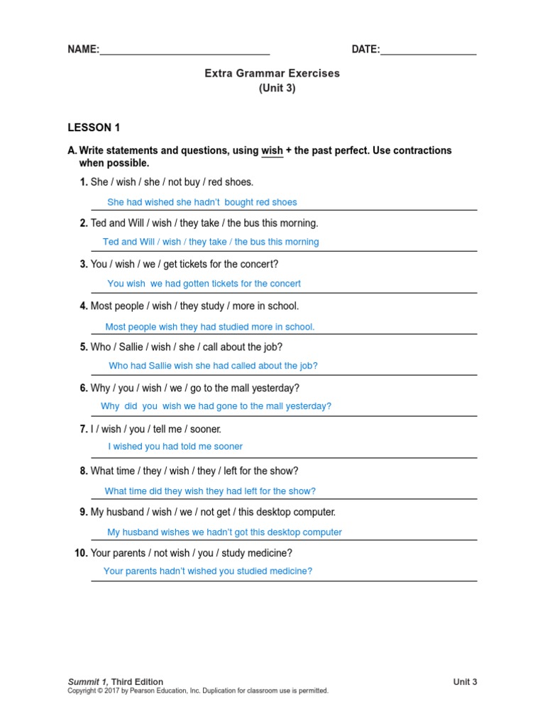 Extra Grammar Exercises Unit 3 | PDF