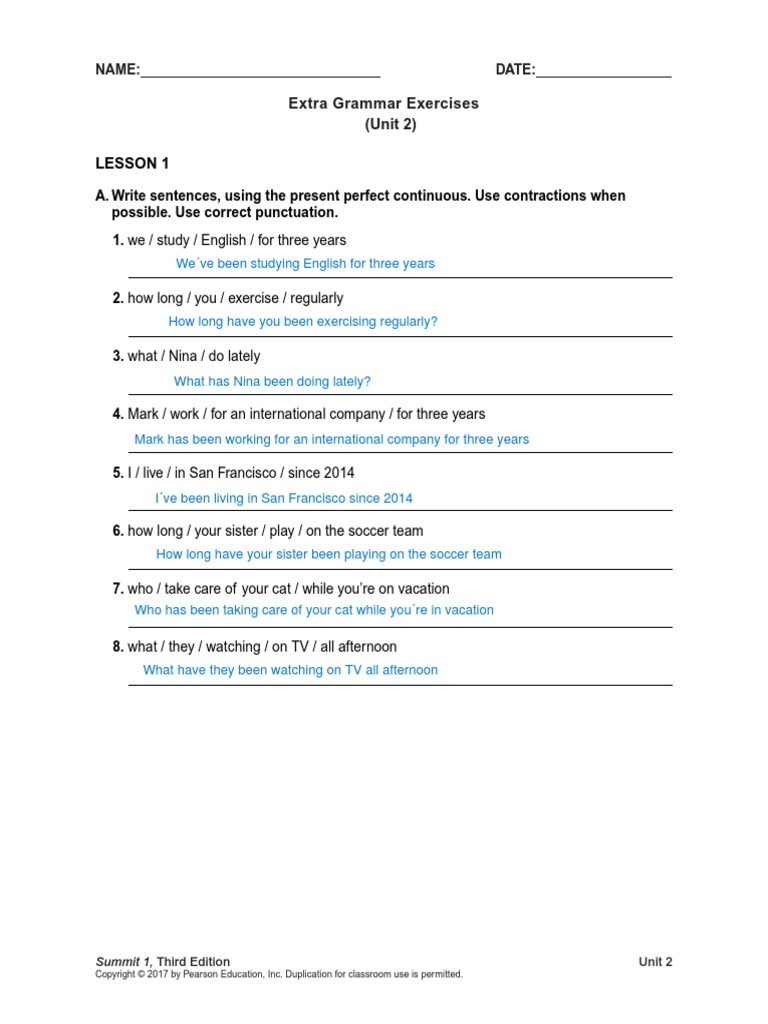 Extra Grammar Exercises Unit 2 | PDF