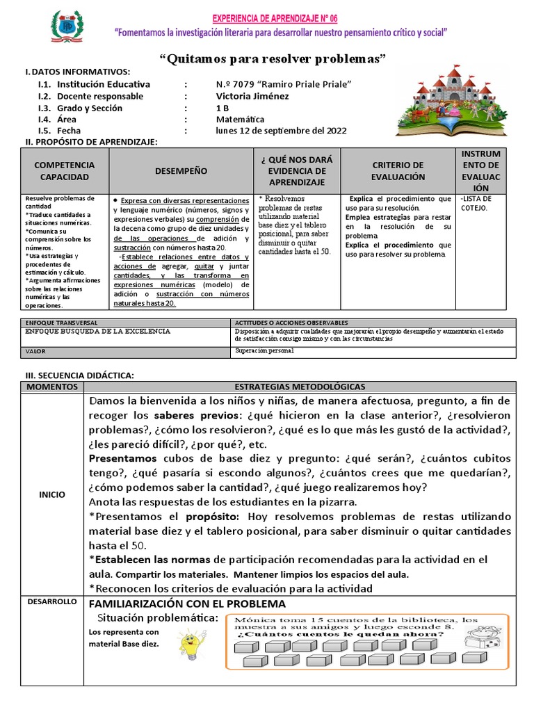 Sesión de Matemática La Resta | PDF | Aprendizaje | Evaluación