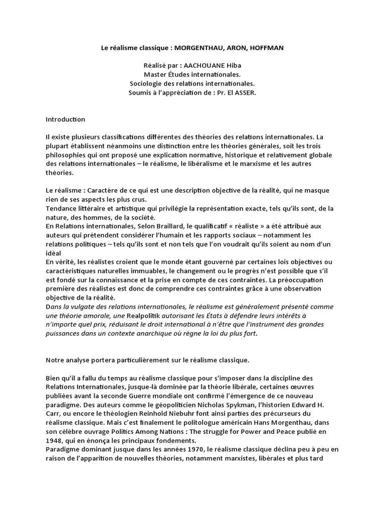 Réalisme classique : Morgenthau, Aron, Hoffman | PDF | Relations ...