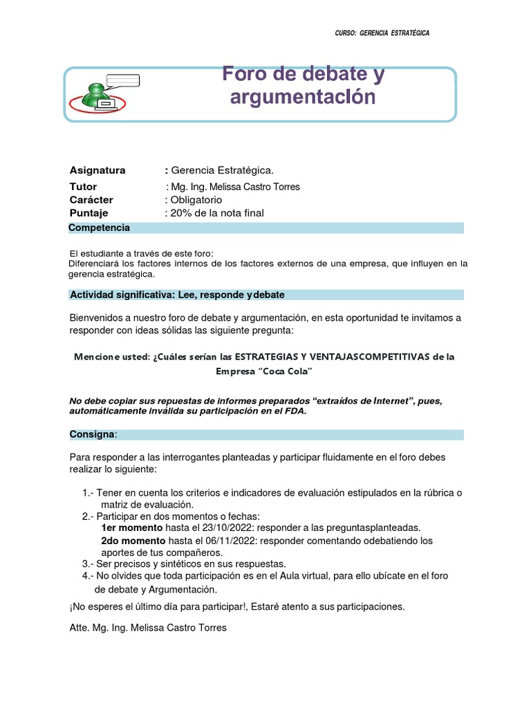 FORO DE DEBATE Y ARGUMENTACIÓN - Guía y Rúbrica - 2022-II | PDF