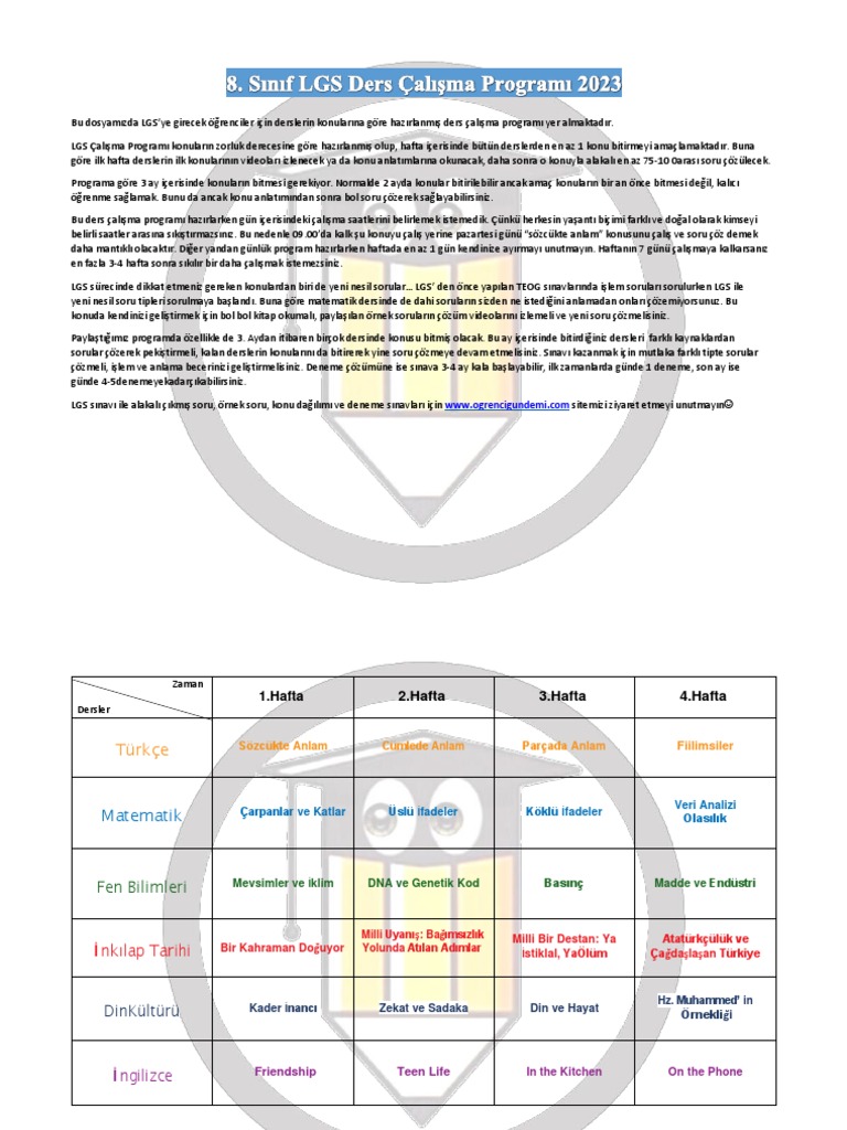 Lgs Ders Calisma Programi 2023 | PDF