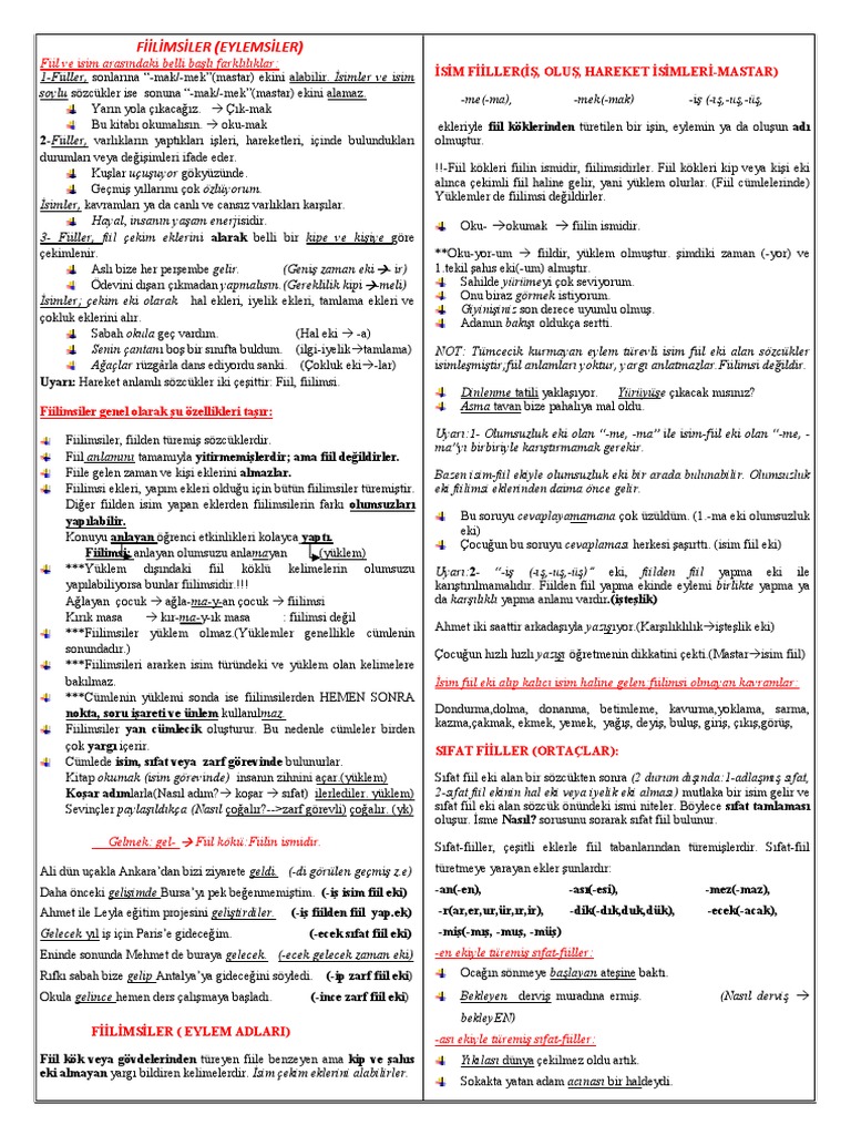 Sınıf Türkçe Fiilimsiler Konu Anlatımı | PDF