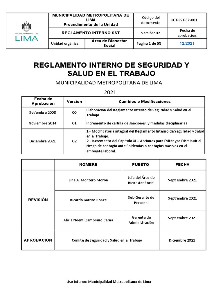 MML - Reglamento Interno de Seguridad y Salud en El Trabajo MML 2021 ... MML - Reglamento Interno de Seguridad y Salud en El Trabajo MML 2021 ...