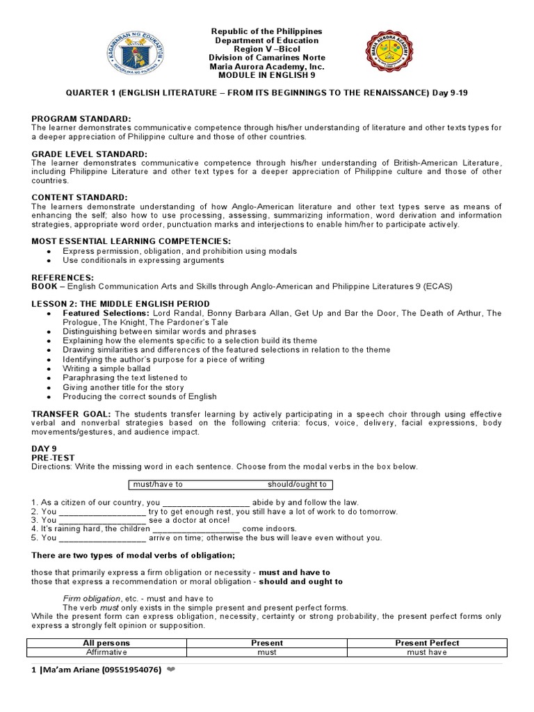 QUARTER 1 (Day 9-19) ENGLISH | PDF