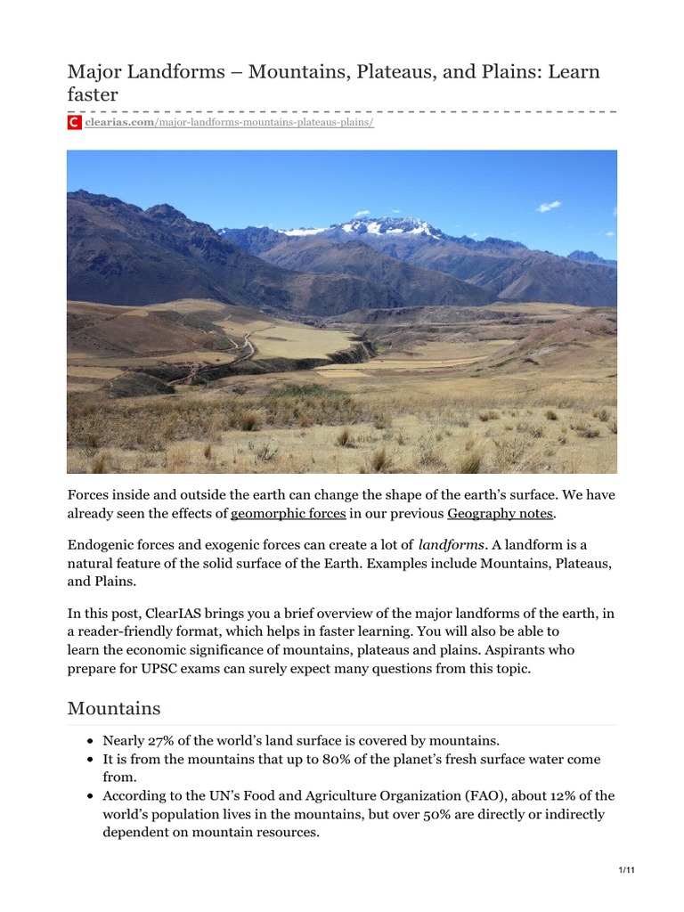 Overview of Major Landforms: Mountains, Plateaus, Plains | PDF | Social ...