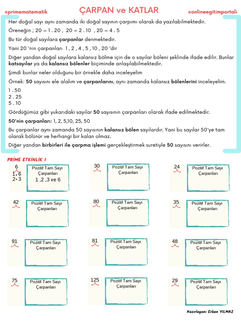 8sınıf PrimeMatematik Çarpan Ve Katlar Etkinlik | PDF