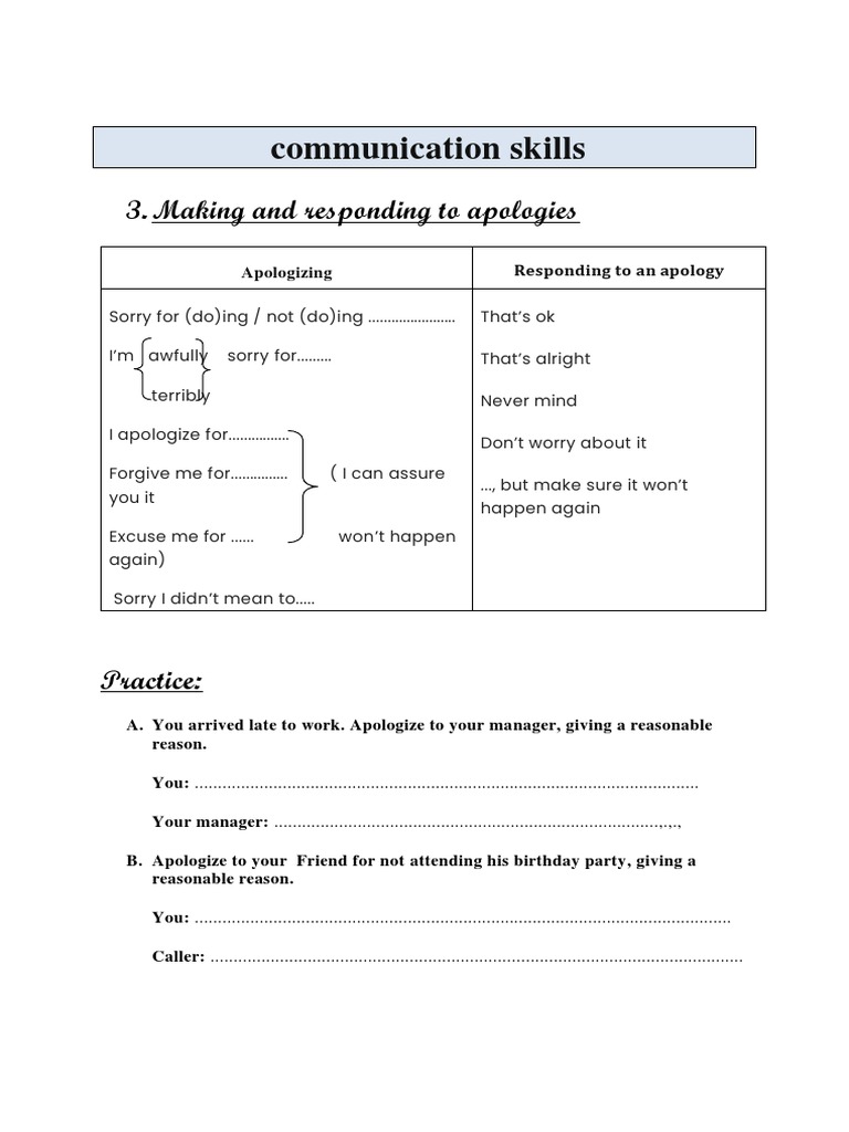 1TC Communication Skills. Apologising | PDF