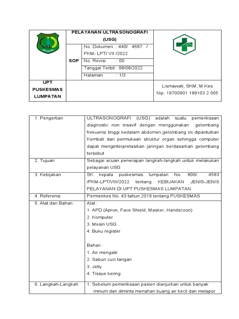 SOP Pelayanan USG di Puskesmas | PDF