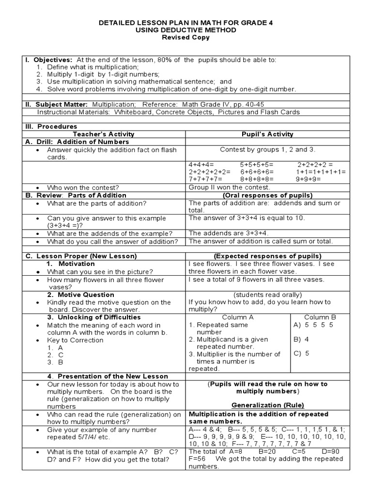 Detailed Lesson Plan in Math Grade 4 Deductive Method | PDF ...